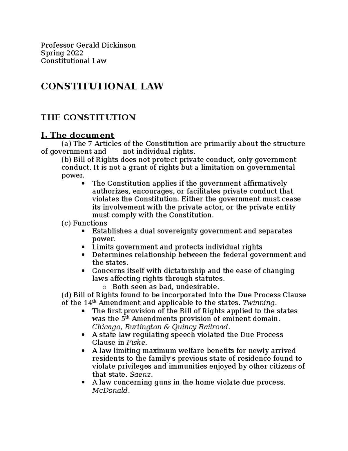 Con Law Outline - Professor Gerald Dickinson Spring 2022 Constitutional ...
