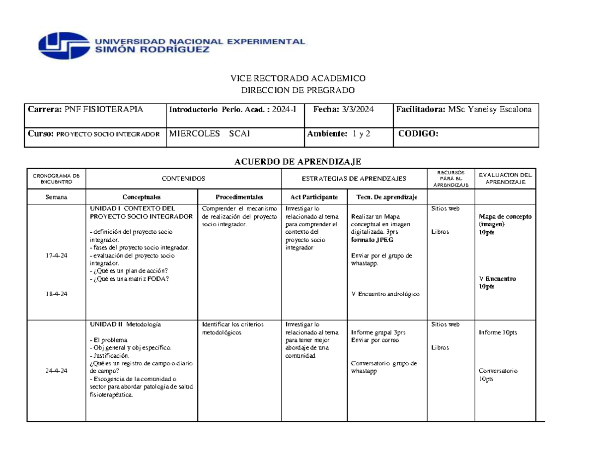 Proyecto Socio Integrador Acuerdo - VICE RECTORADO ACADEMICO DIRECCION DE PREGRADO ACUERDO DE ...