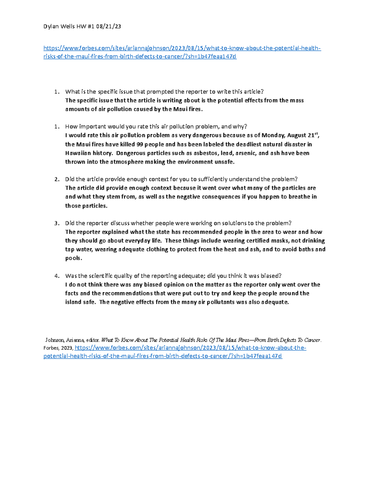 HW 1 Air Pollution in the News - Dylan Wells HW #1 08/21/ - Studocu