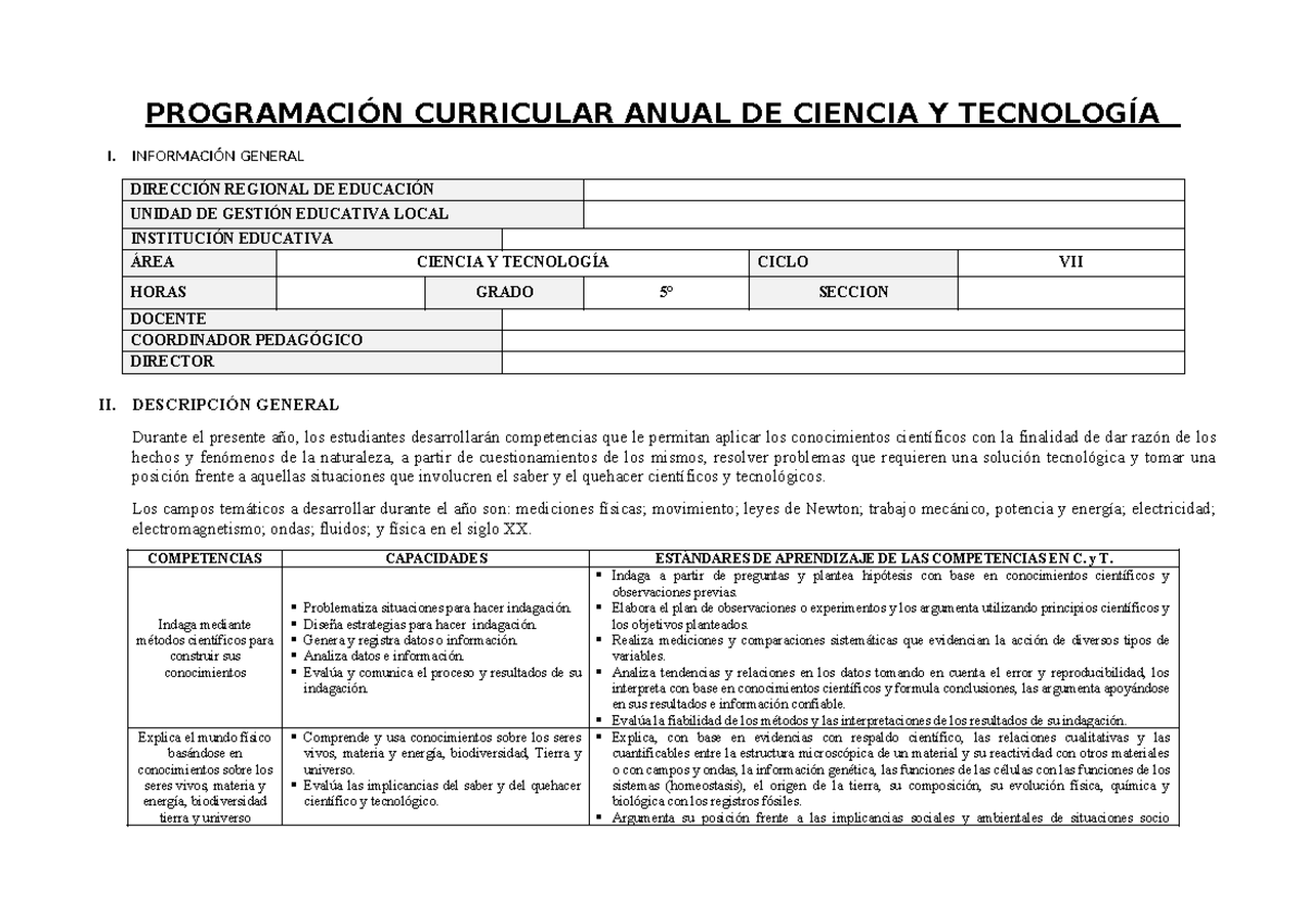 5to Programacion Anual CTA - PROGRAMACIÓN CURRICULAR ANUAL DE CIENCIA Y TECNOLOGÍA I ...