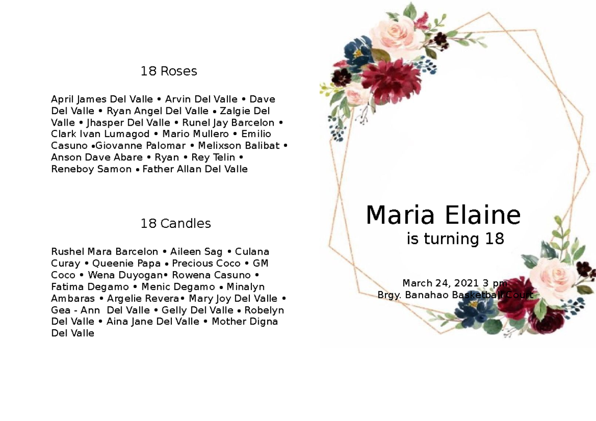 Programme for debut - 18 Roses April James Del Valle • Arvin Del Valle ...