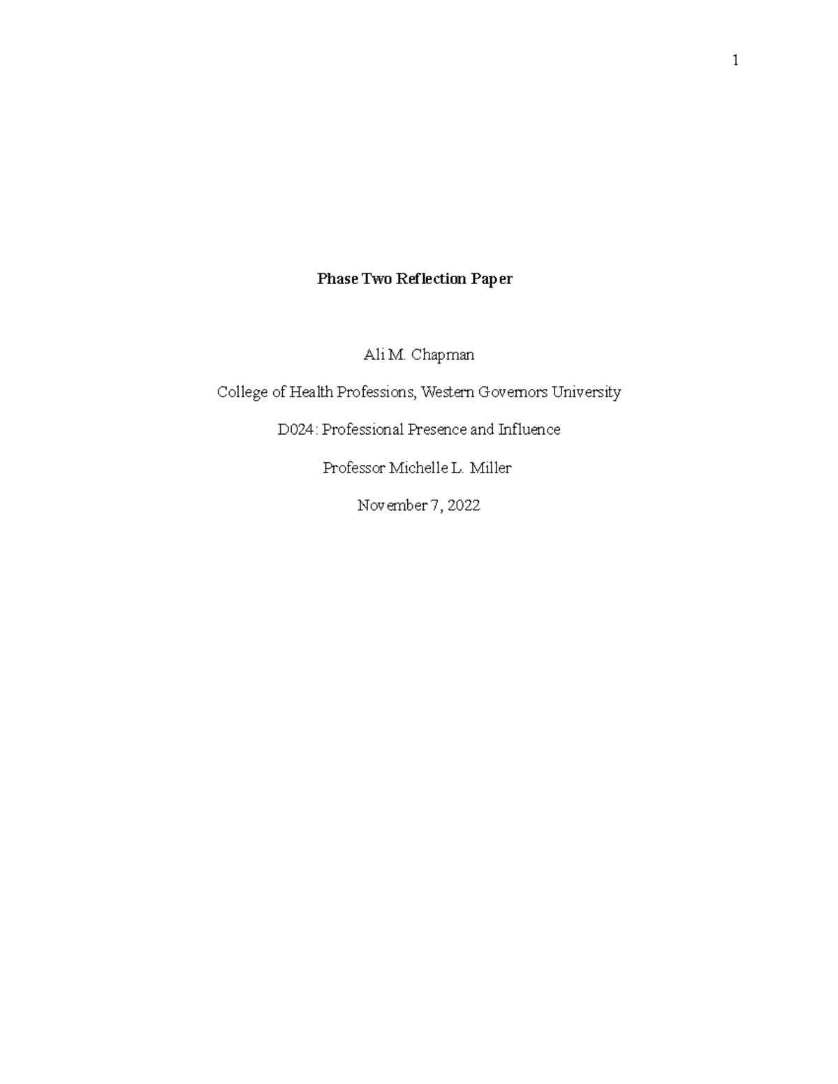 Reflection Paper Template - Phase Two Reflection Paper Ali M. Chapman ...