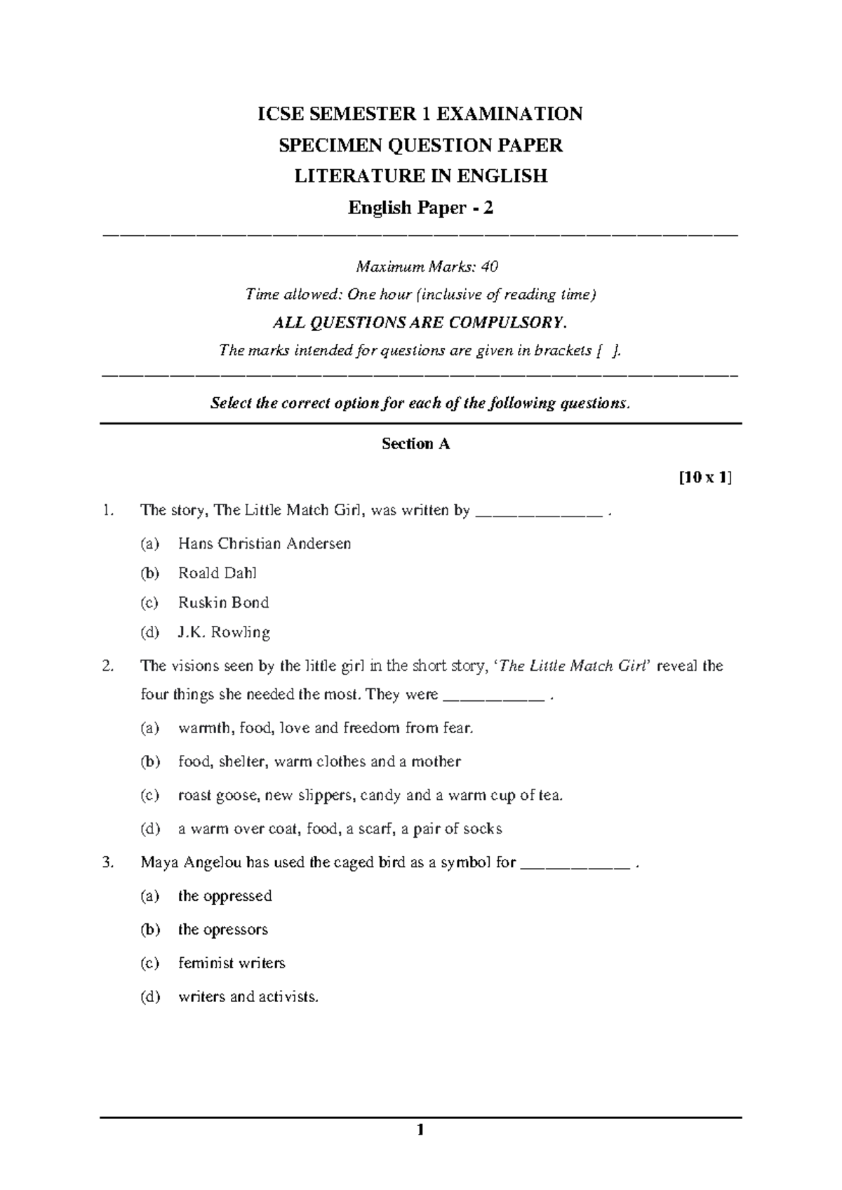 Specimen-ENG2-corrected - ICSE SEMESTER 1 EXAMINATION SPECIMEN QUESTION ...