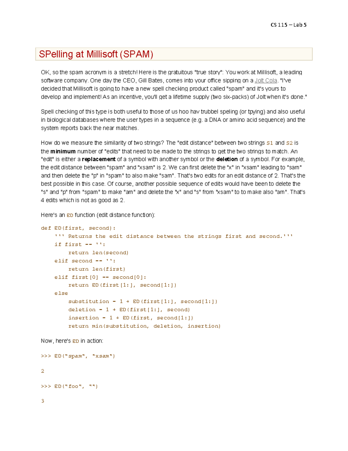 Lab5 - lab 5 - SPelling at Millisoft (SPAM) OK, so the spam acronym is ...