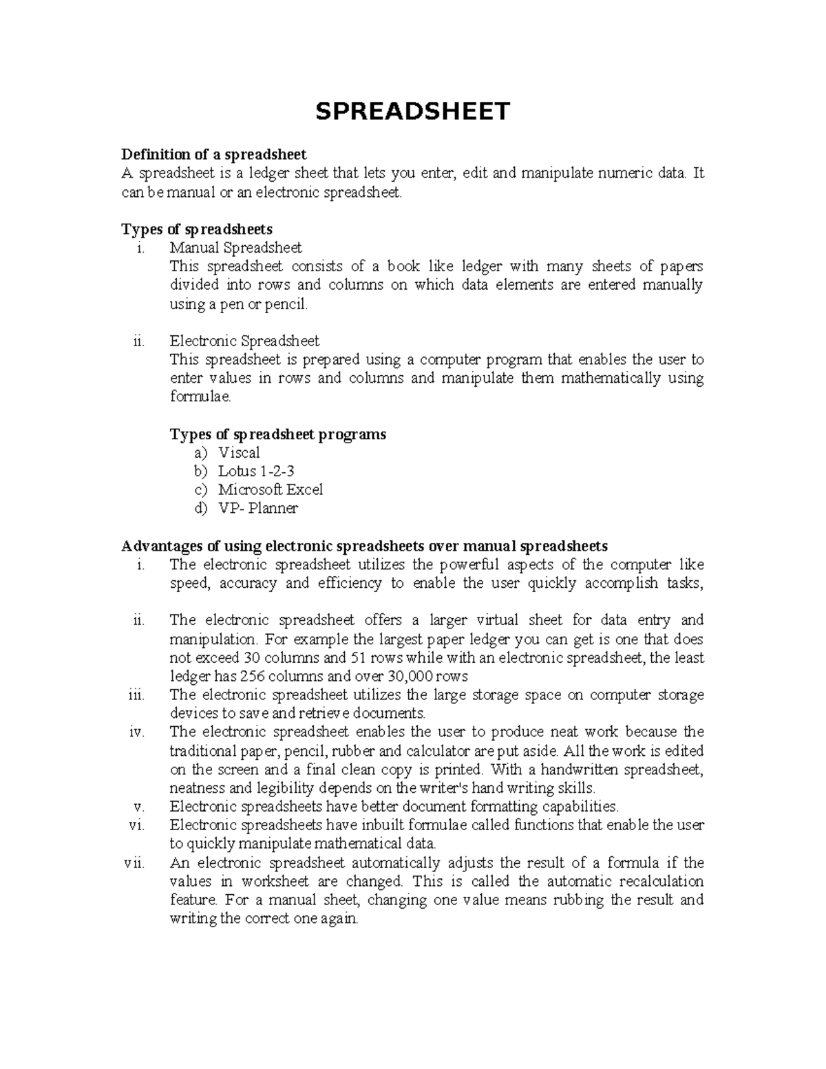 Ms Excel - discorse - SPREADSHEET Definition of a spreadsheet A ...