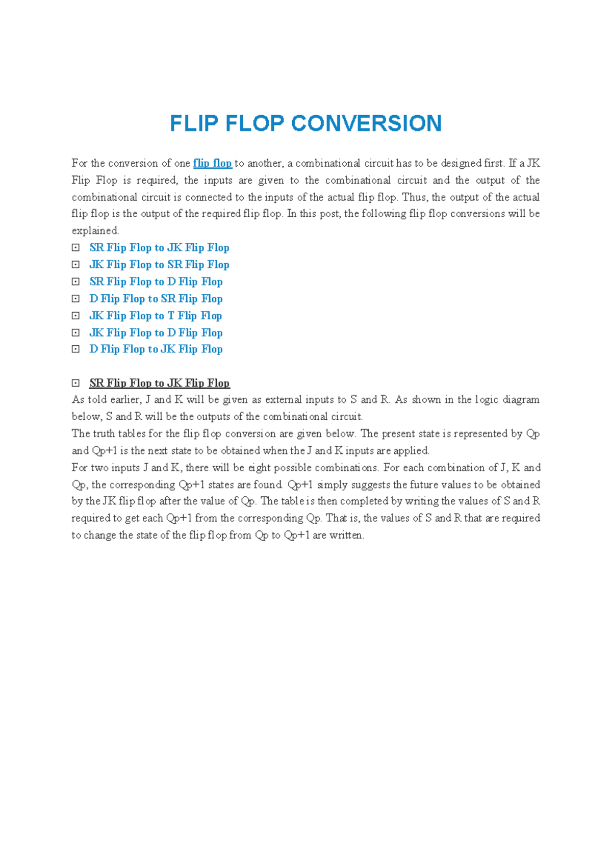 Flip Flop Conversion - Lecture notes 2 - FLIP FLOP CONVERSION For the ...