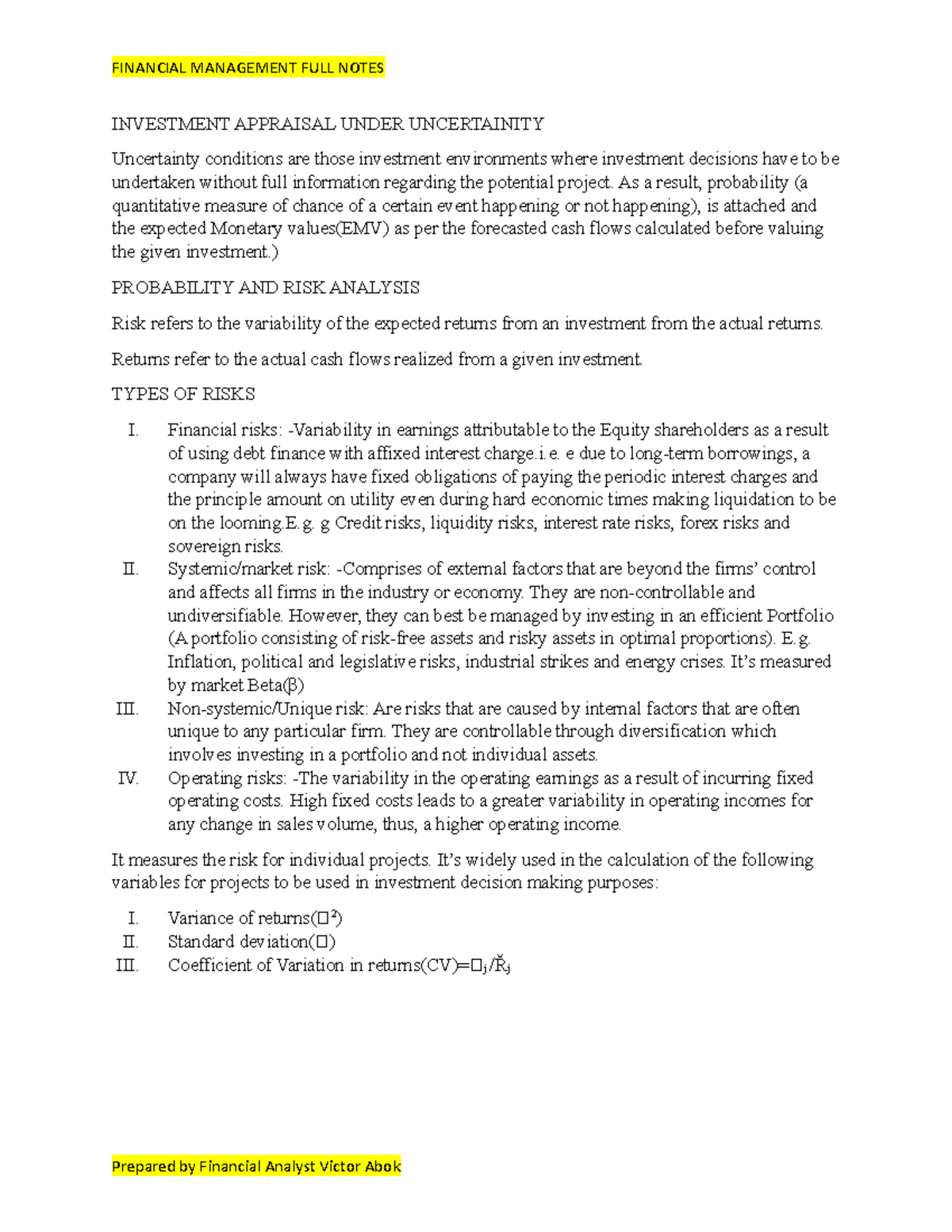 FM Notes - FINANCIAL MANAGEMENT FULL NOTES INVESTMENT APPRAISAL UNDER ...