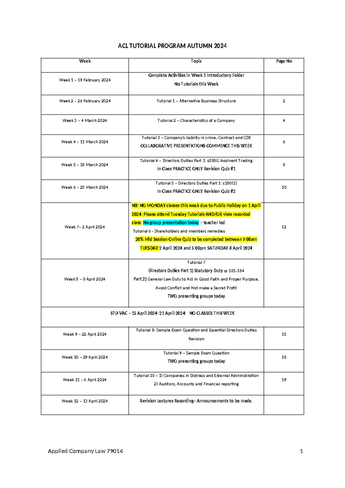 ACL TUT Guide - ACL TUTORIAL PROGRAM AUTUMN 2024 Week Topic Page No Week 1 – 19 February 2024 ...