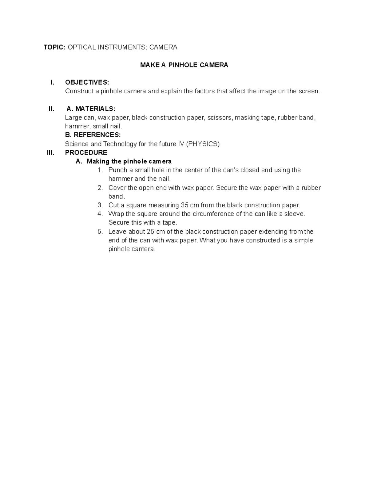 Authentic Assessment - TOPIC: OPTICAL INSTRUMENTS: CAMERA MAKE A ...