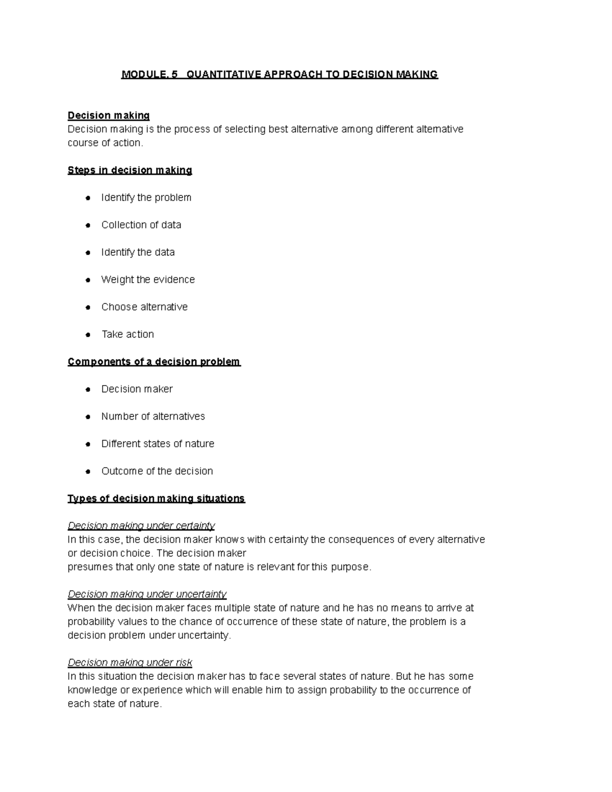 Quantitative Techniques - MODULE. 5 QUANTITATIVE APPROACH TO DECISION ...