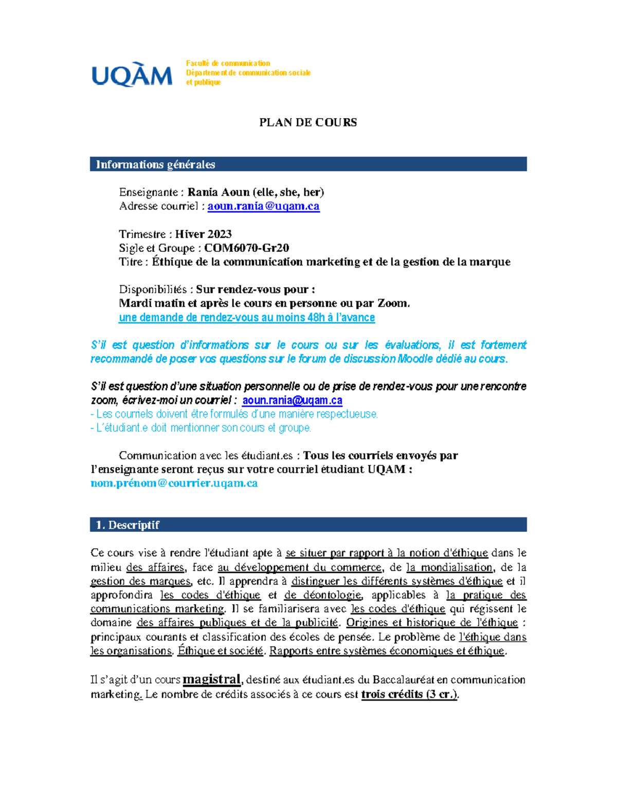 Plan de cours - PLAN DE COURS Informations générales Enseignante ...