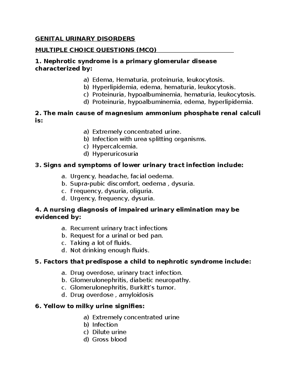 Genital Urinary Revision Questions - GENITAL URINARY DISORDERS MULTIPLE ...