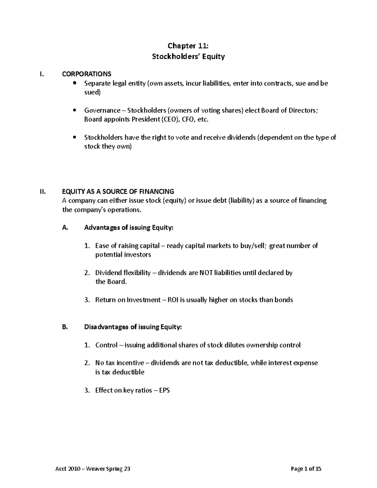 Chapter 11 Notes - Chapter 11: Stockholders’ Equity I. CORPORATIONS ...
