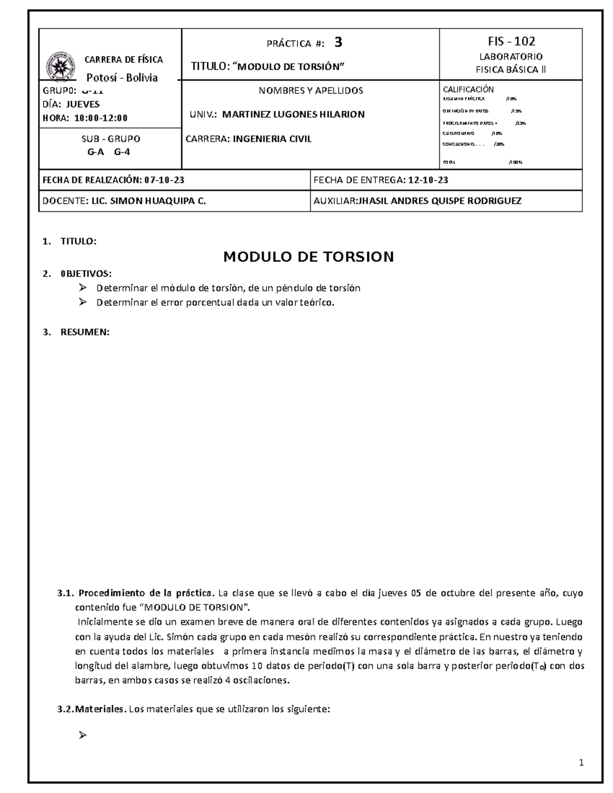 PRAC..3 Modulo DE Torsion - PRÁCTICA #: 3 TITULO: “MODULO DE TORSIÓN ...