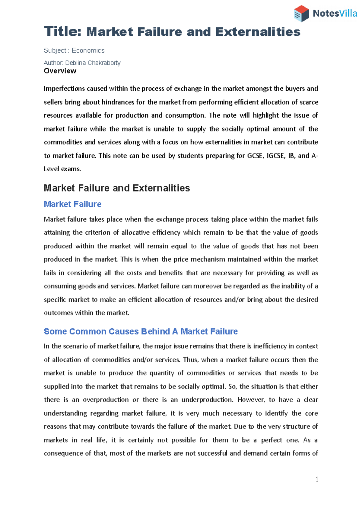 Market failure and externalities - Subject : Economics ####### Author ...