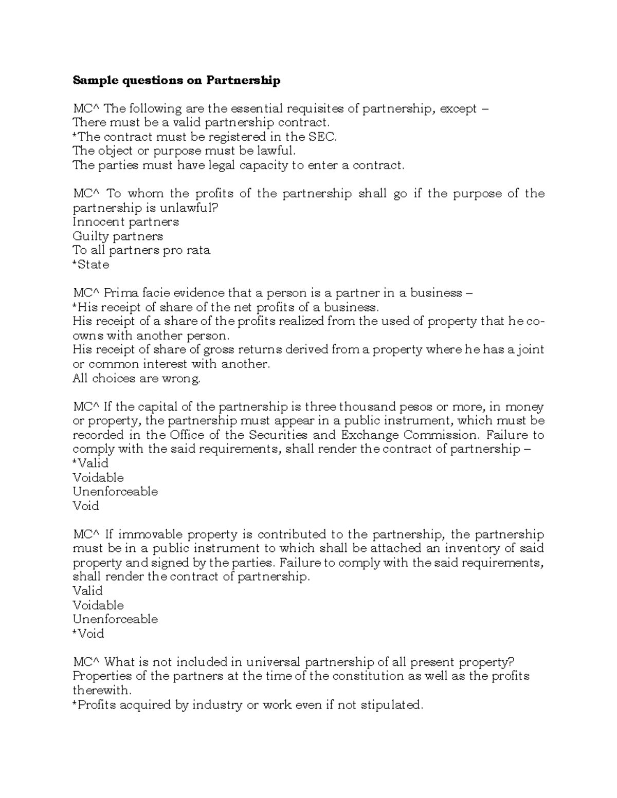 Sample questions Partnership and Private Corporation - Sample questions ...