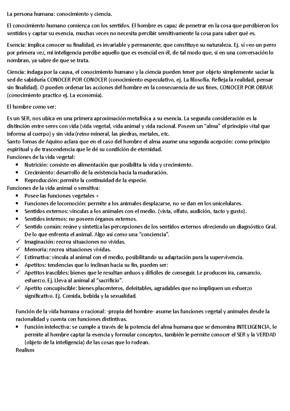 Resumen Intro u - La persona humana: conocimiento y ciencia. El ...