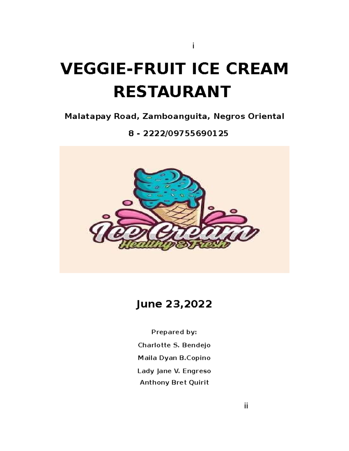 Sample Business Plan (Veggie-fruit Ice Cream Restaurant) - i VEGGIE ...