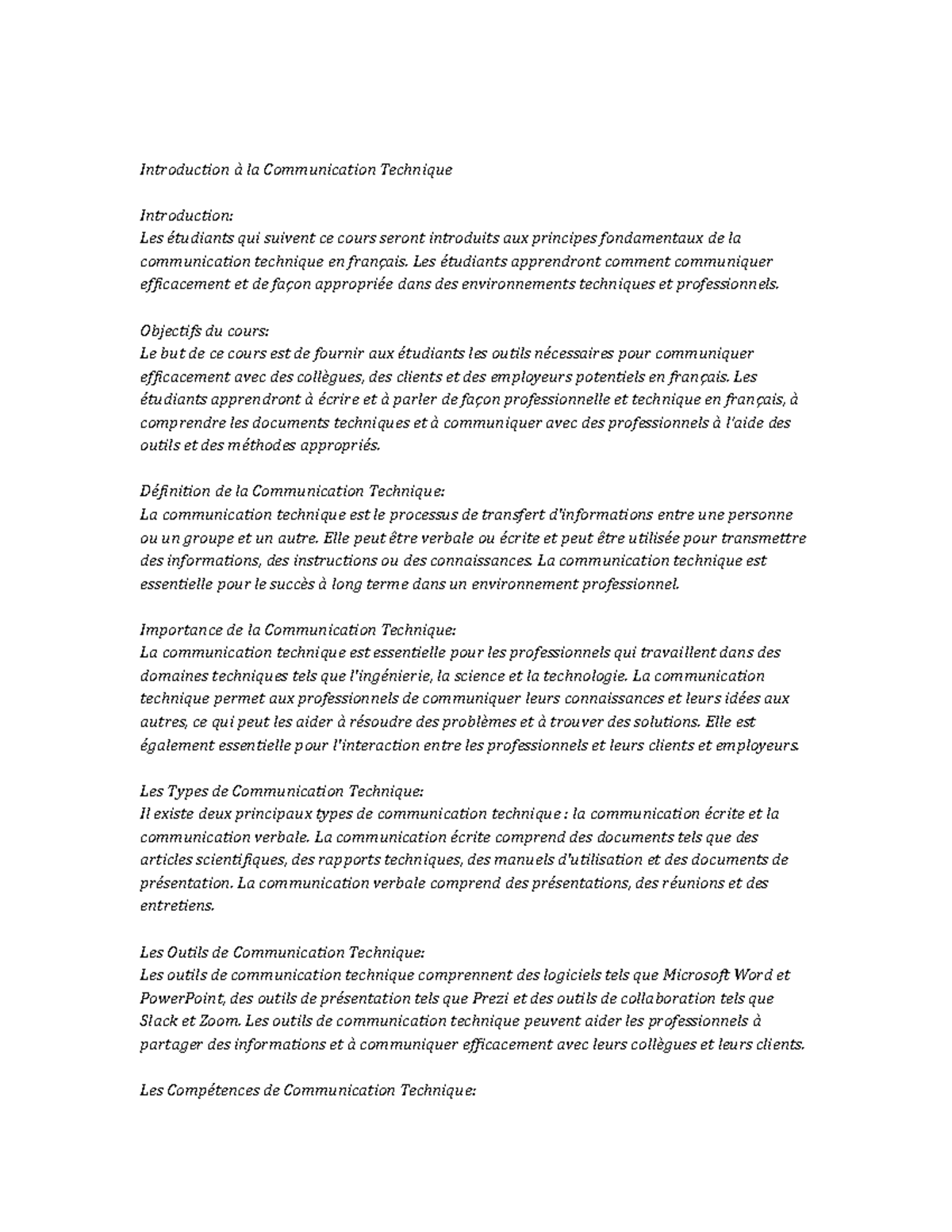 Technical Communication Notes de cours - Introduction à la ...