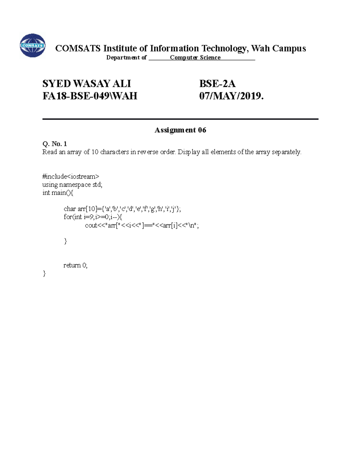 Lab 9 - In this different programs code are available - COMSATS ...