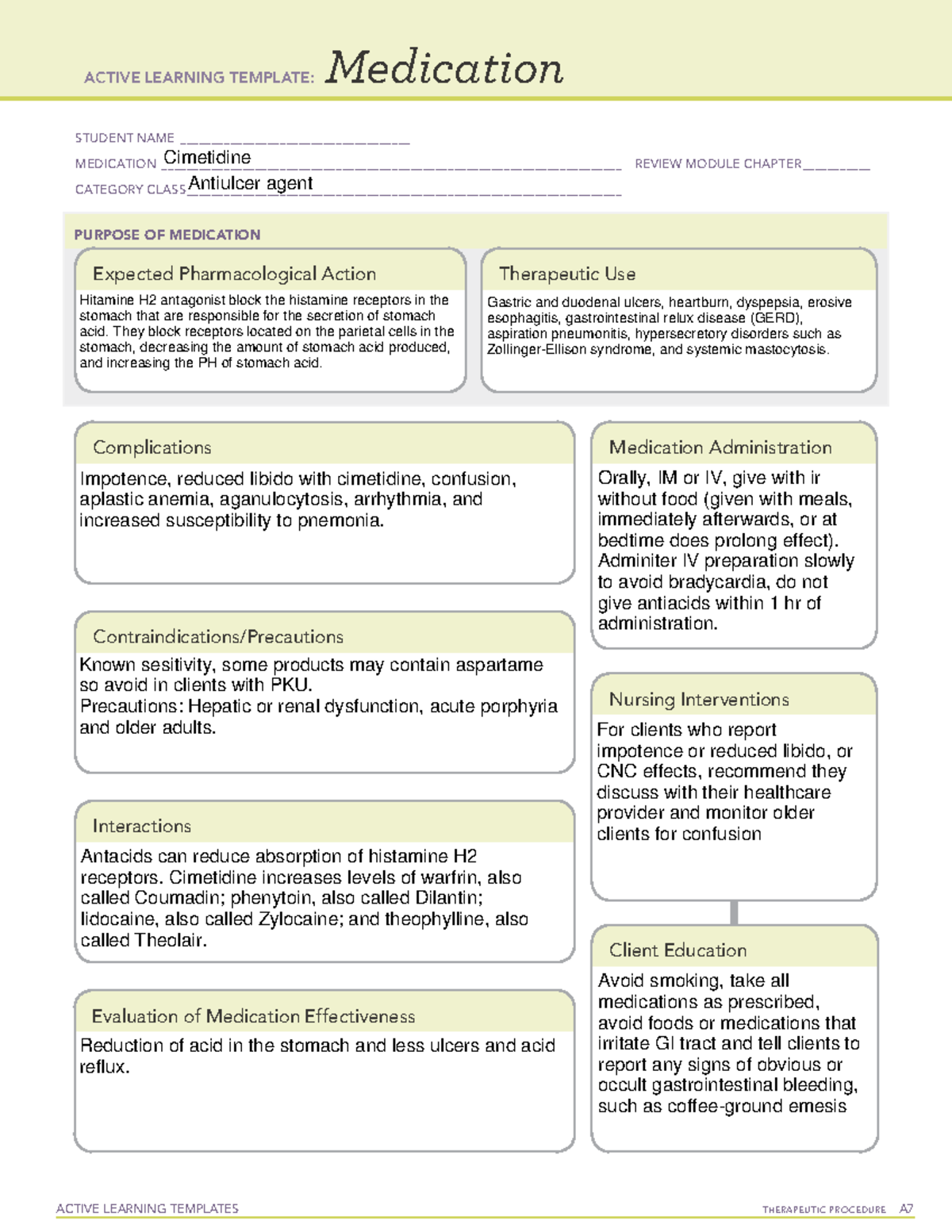 Cimetidine - med card - ACTIVE LEARNING TEMPLATES THERAPEUTIC PROCEDURE ...