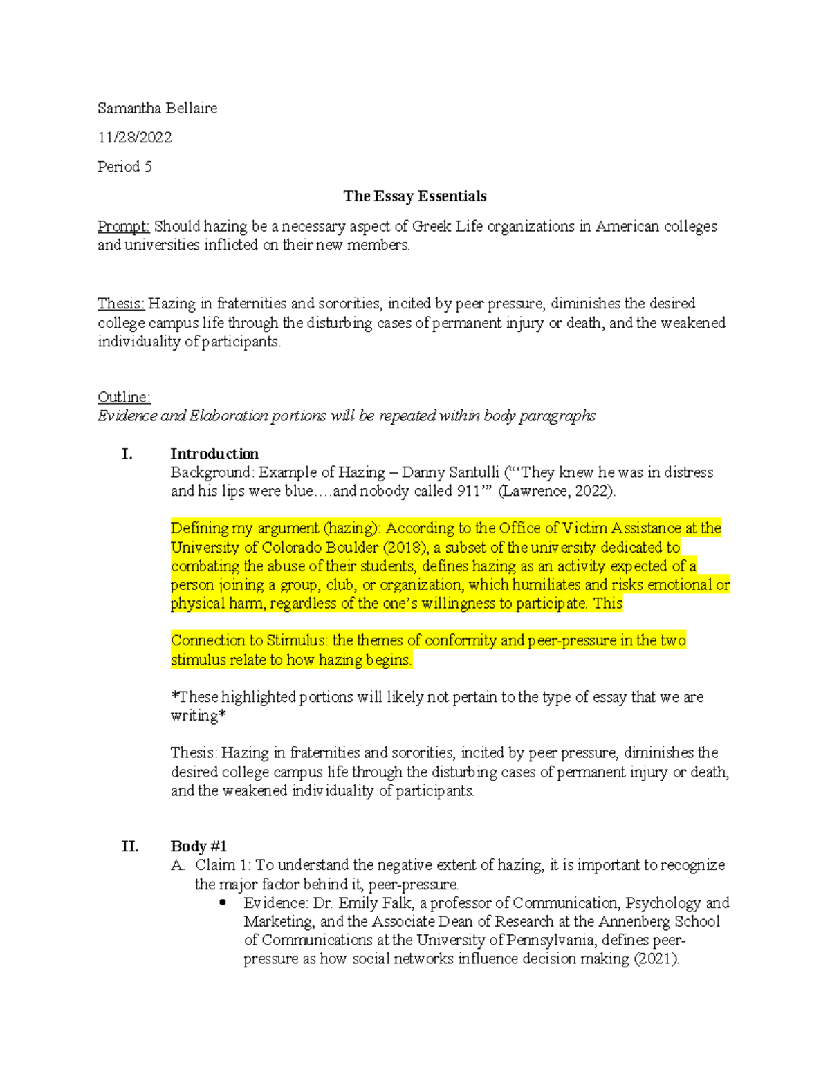 The Essay Essentials - American Lit - Samantha Bellaire 11/28/ Period 5 ...