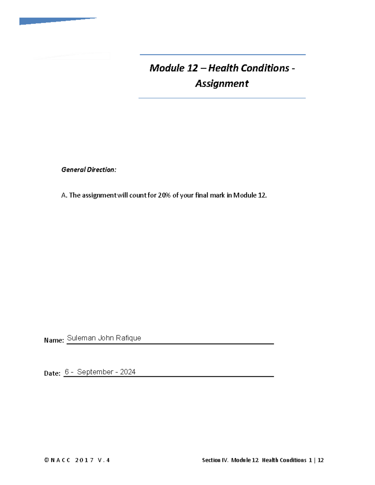IV-12 Assigmt - Module 12 Health Conditions - Module 12 – Health Conditions - Assignment General ...
