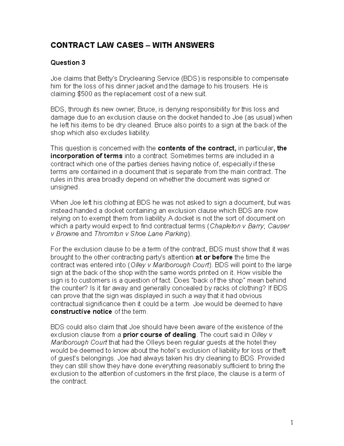 Exam 2015, questions and answers - CONTRACT LAW CASES – WITH ANSWERS ...