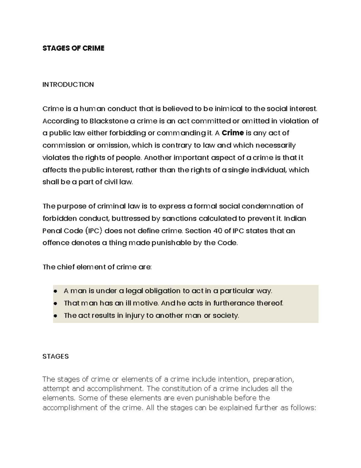 Stages of Crime - STAGES OF CRIME INTRODUCTION Crime is a human conduct ...