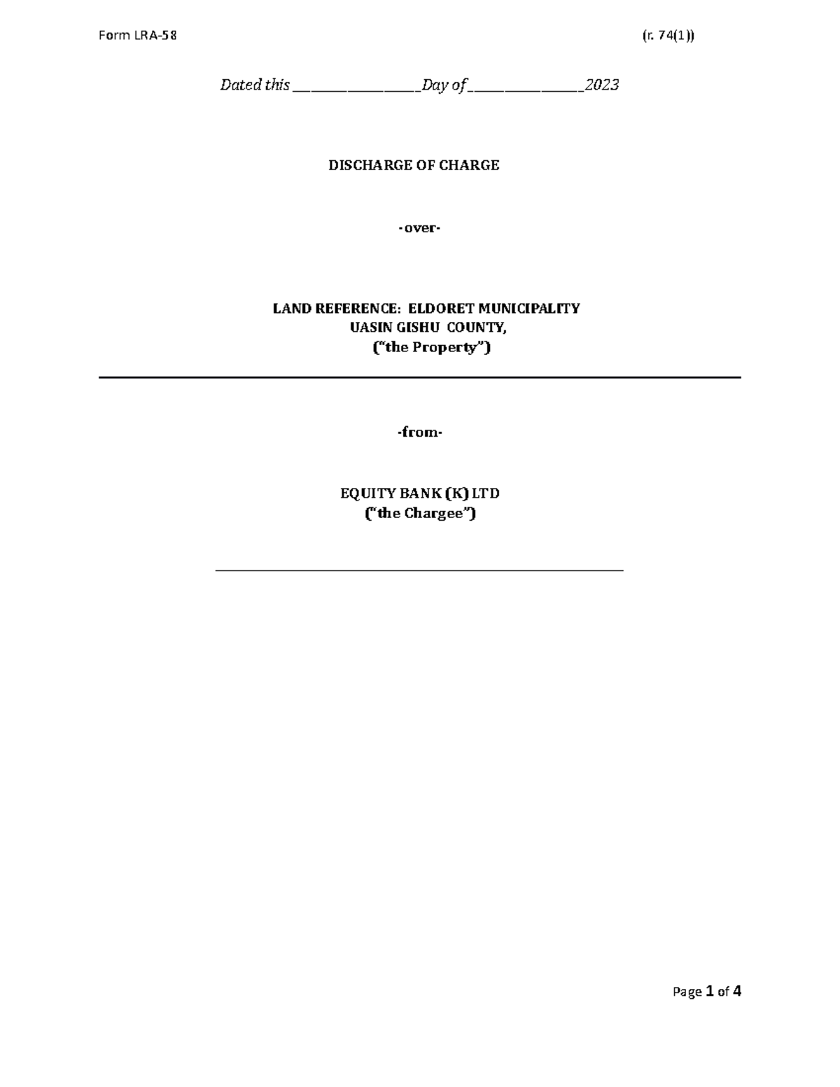 Discharge OF Charge - Dated this _____________________Day of ...