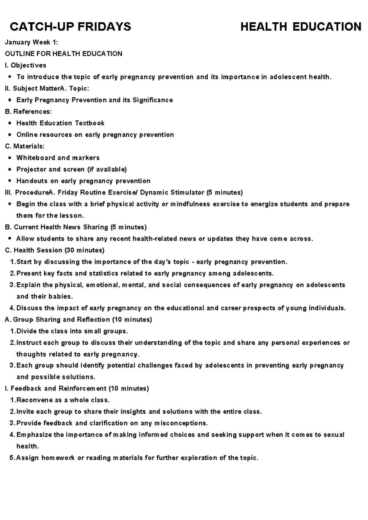 G8 Cuflp@ Health Education - January Week 1: OUTLINE FOR HEALTH ...