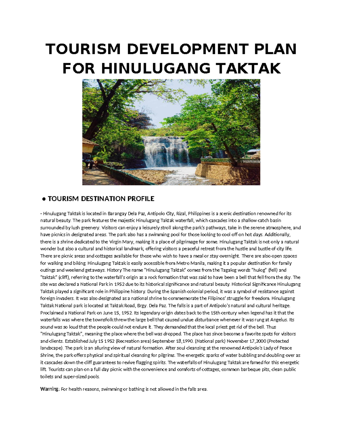 Tourism Develop WPS Office - TOURISM DEVELOPMENT PLAN FOR HINULUGANG ...