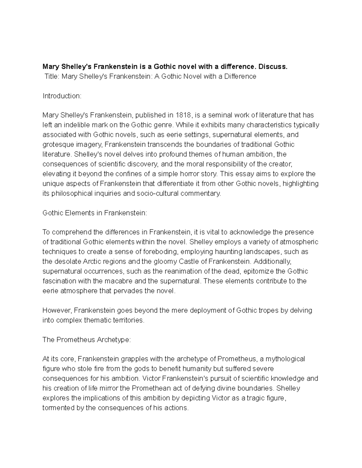 Frankenstein - good notes - Mary Shelley's Frankenstein is a Gothic ...