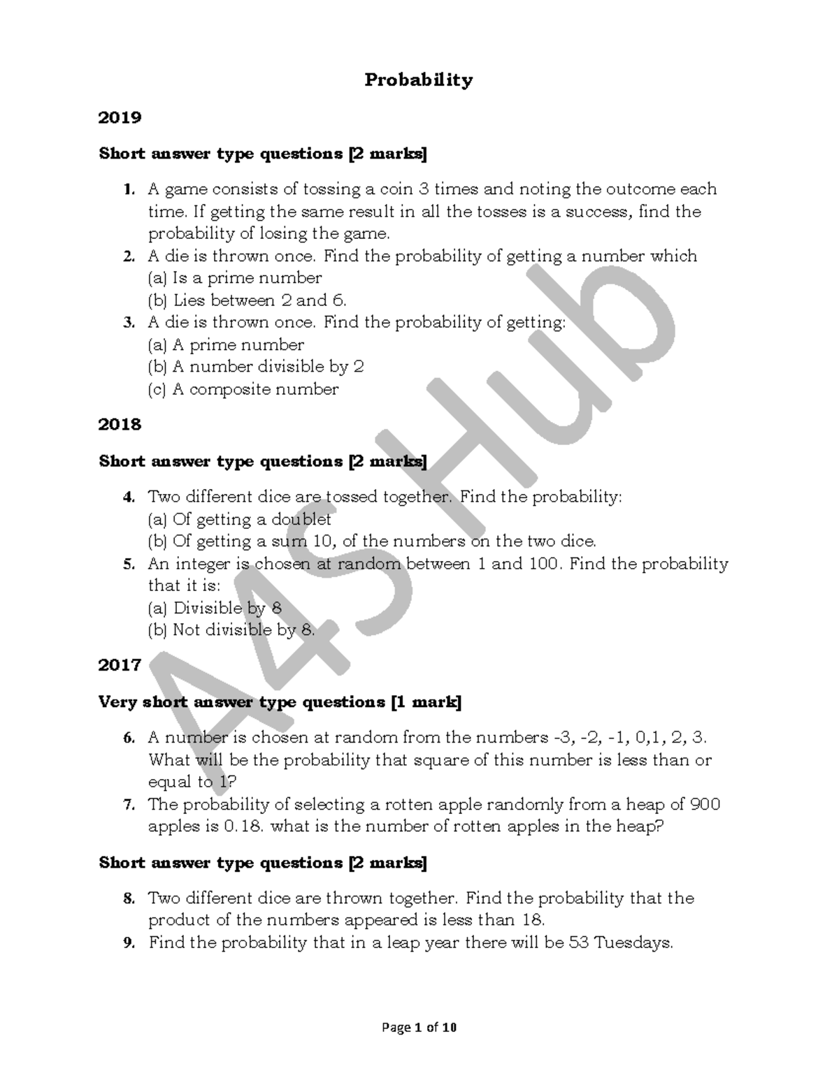 Probability - Meterial study - Probability 2019 Short answer type questions [2 marks] A game ...