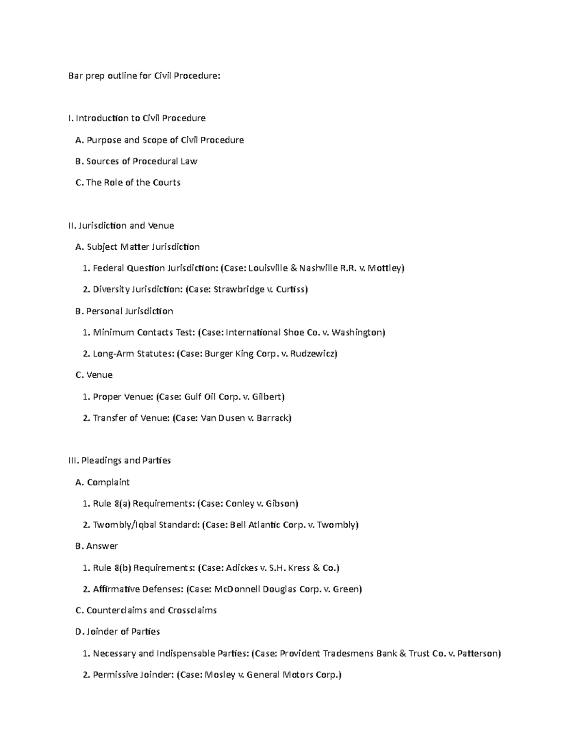 Bar prep outline for Civil Procedure - Introduction to Civil Procedure ...