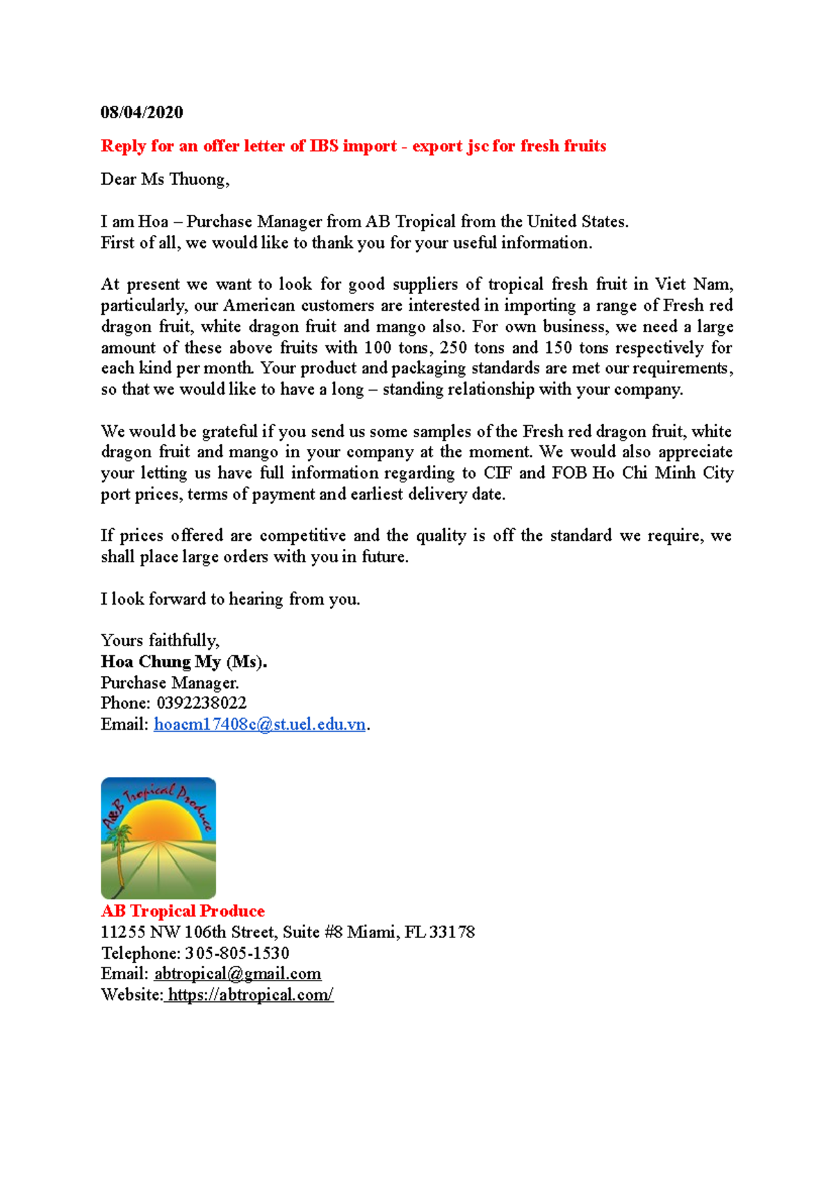 Nhóm Nhập Khẩu 4 - Reply for an offer letter of IBS import - export jsc ...