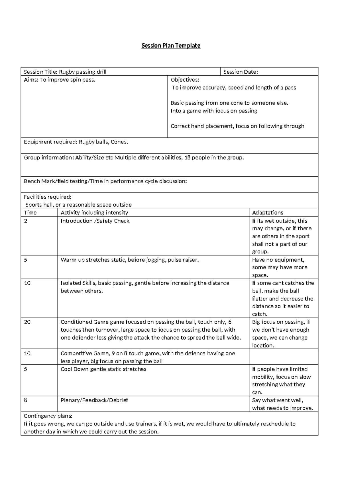 Session Plan Template - Session Plan Template Session Title: Rugby ...