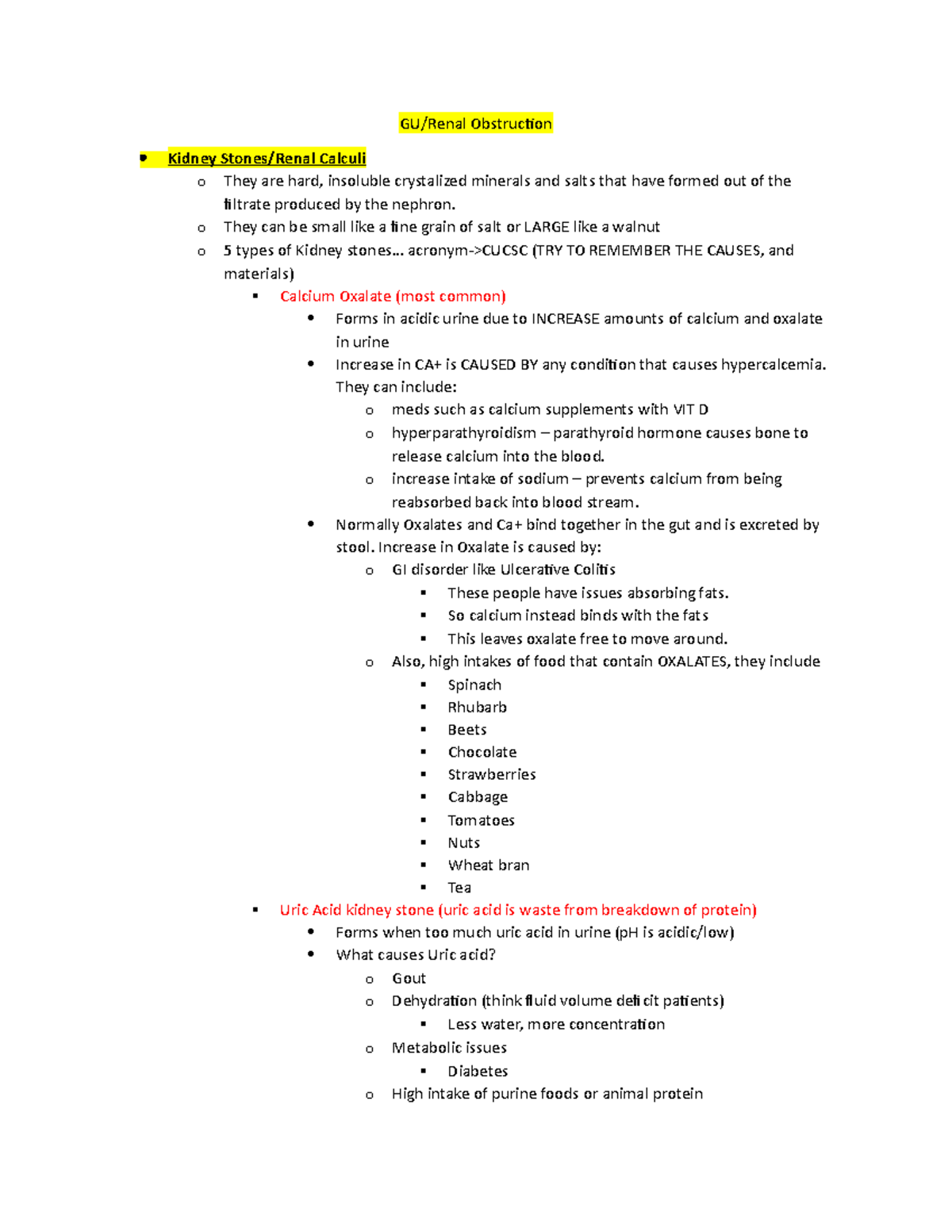 Kidney Stones Notes - GU/Renal Obstruction Kidney Stones/Renal Calculi ...