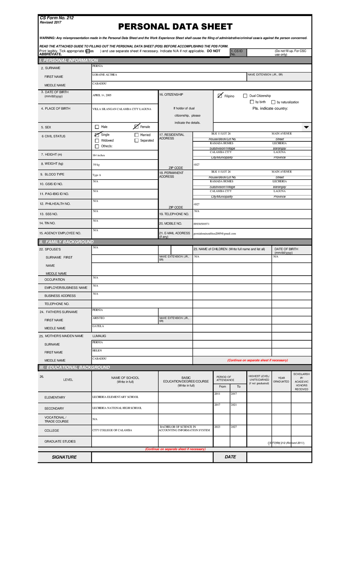 PDS Blank- Pernia - You can learn in here. - CS Page FORM 1 of 4212 ...