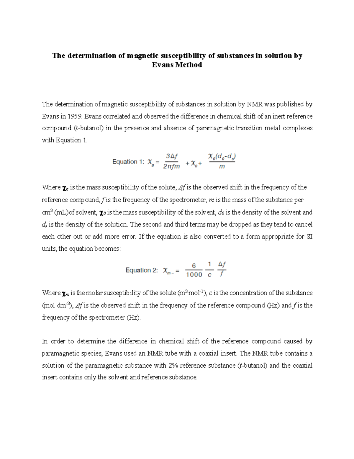 Evans Method for magnetic susceptibility - CHM 3910 - FIU - Studocu