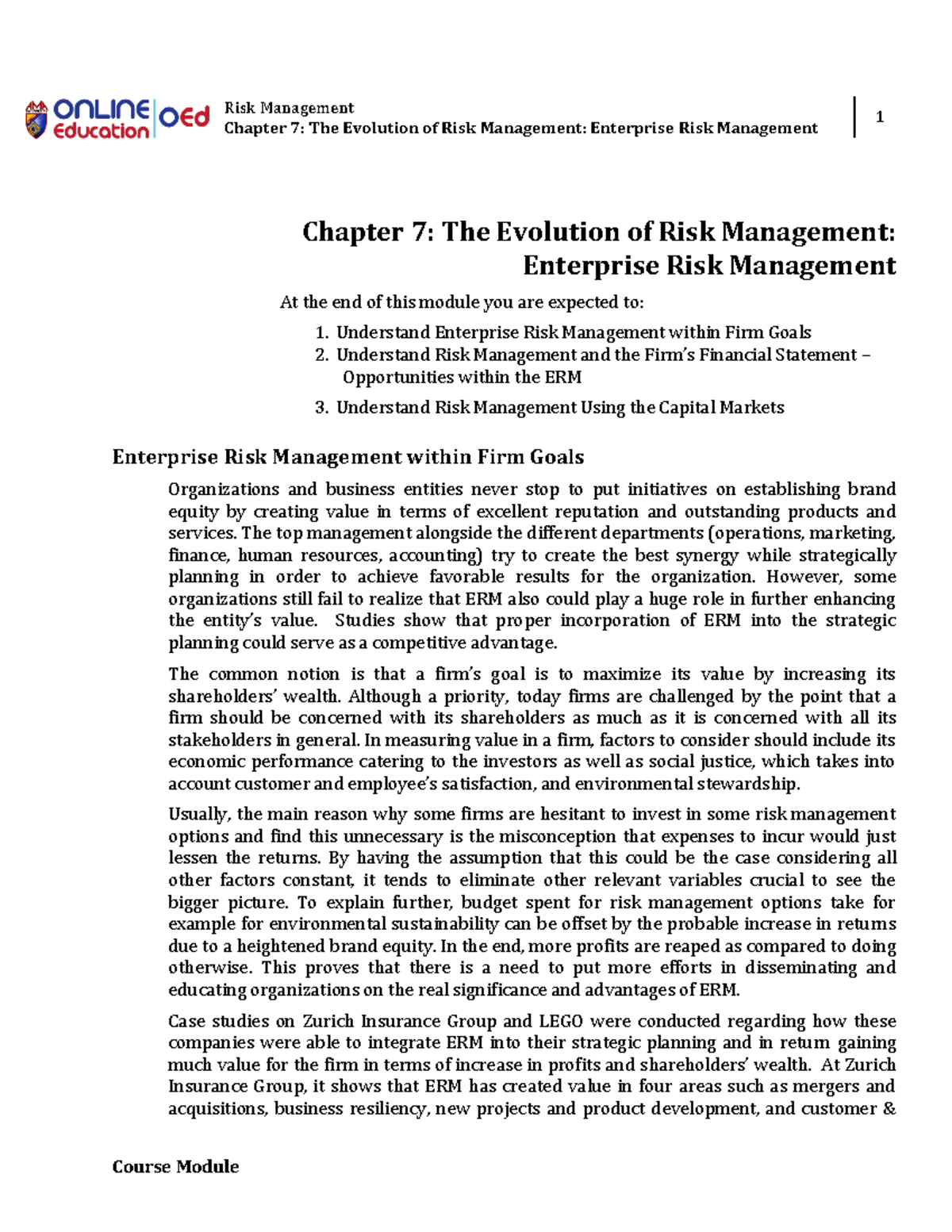 Module 007 T Chapter 7 The Evolution of Risk Management Enterprise Risk ...