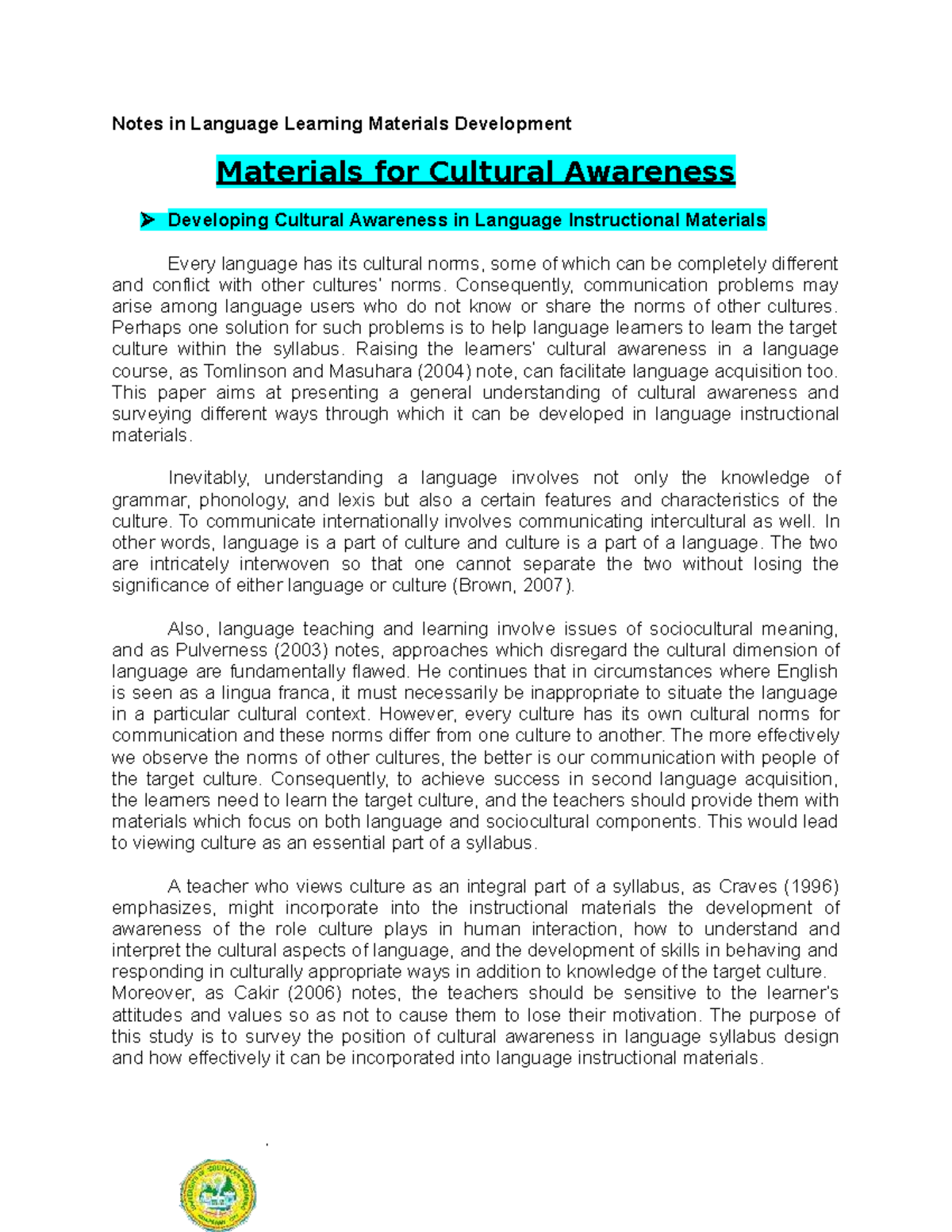 Materials for Cultural Awareness - Notes in Language Learning Materials ...
