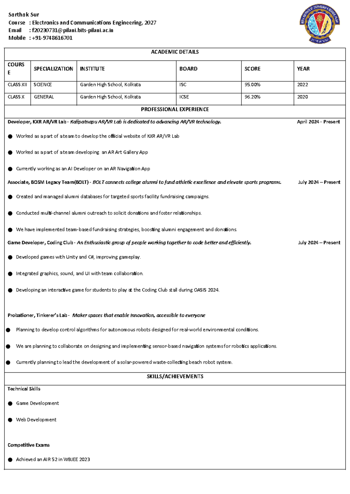 Resume Sarthak Sur 2023AAPS0731P - Sarthak Sur Course : Electronics and ...