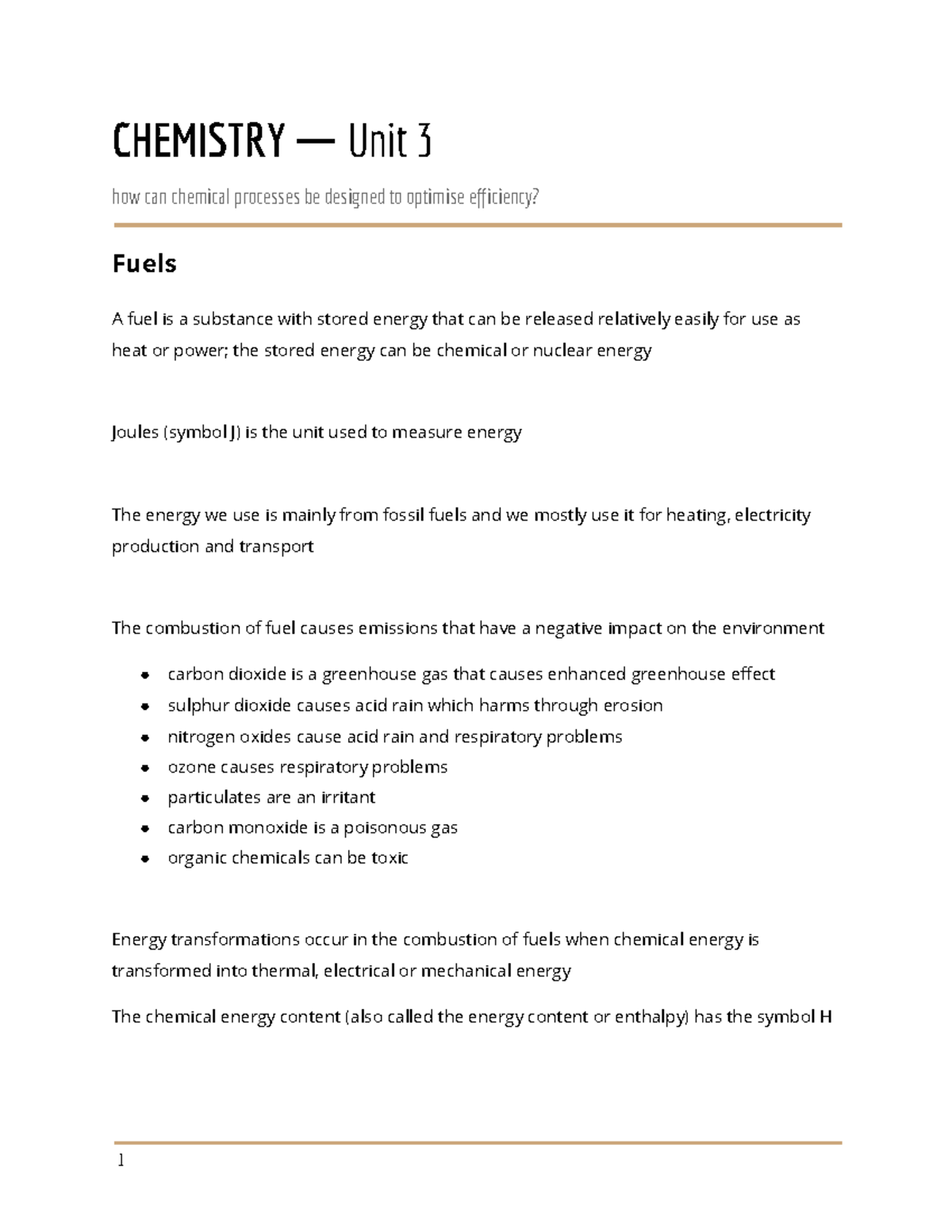 Chemistry Notes Unit 3 - CHEMISTRY ー Unit 3 how can chemical processes ...