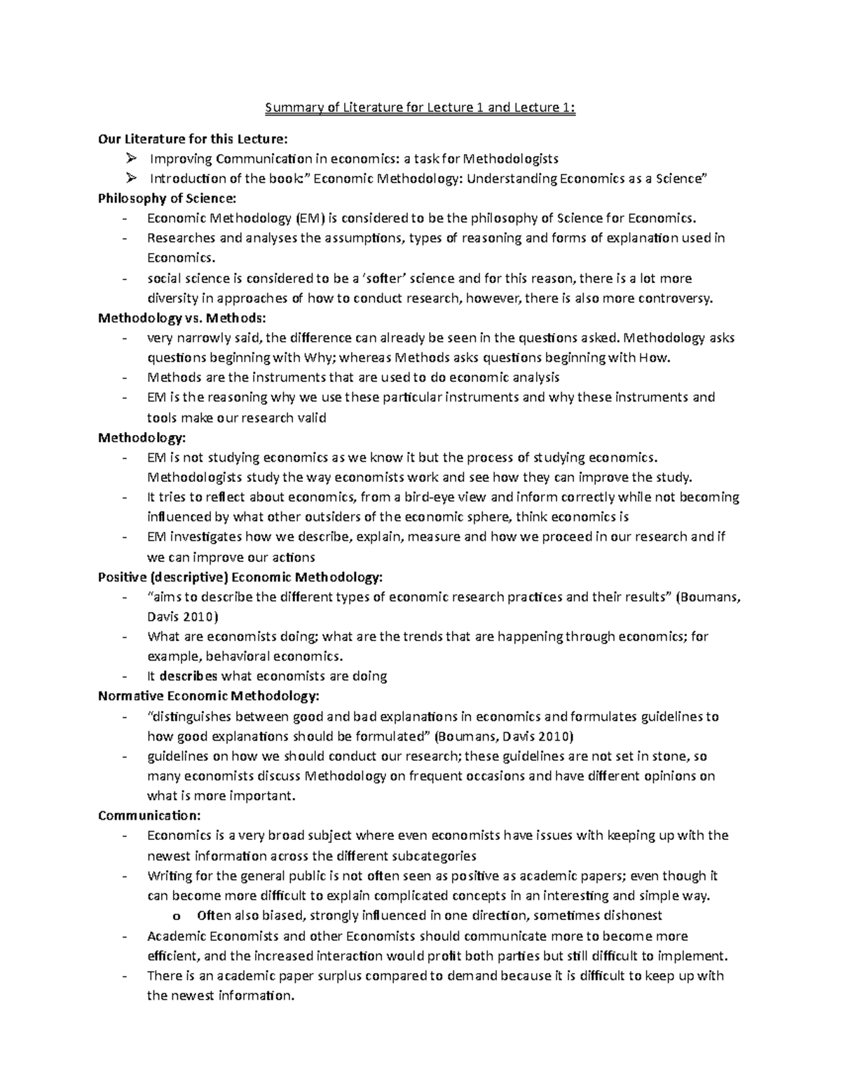 Summary of Literature for Lecture 1 and Lecture 1 - Summary of ...