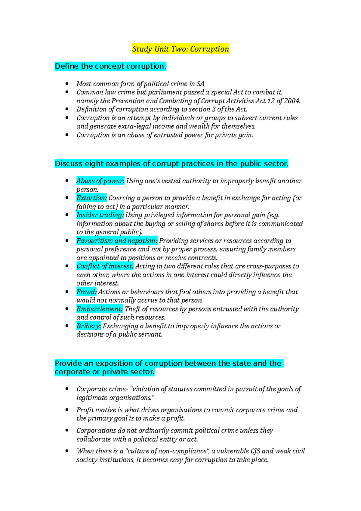 Docx (13) - summaries - Study Unit Two: Corruption Define the concept ...