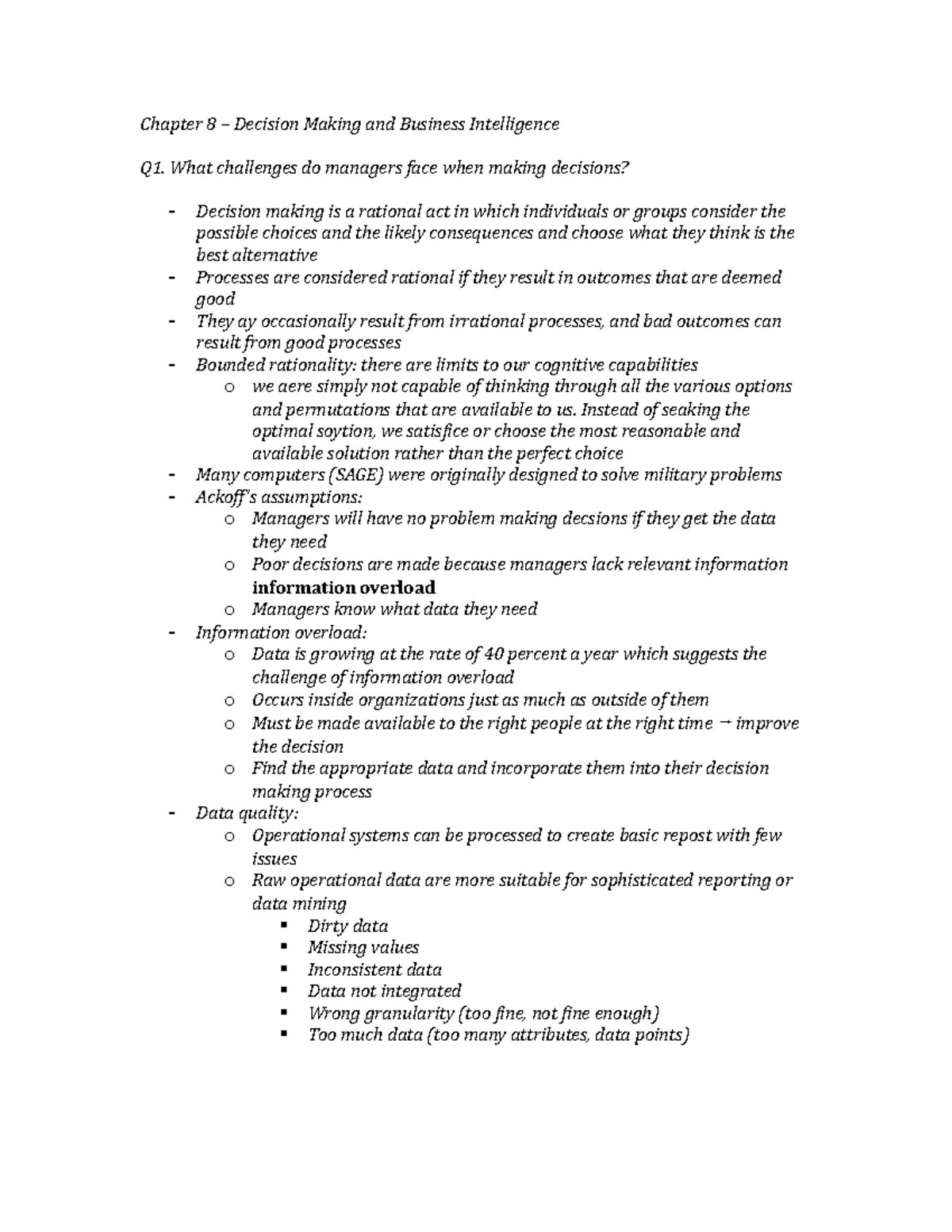 Chapter 8 – Decision Making and Business Intelligence Chapter 8 ...
