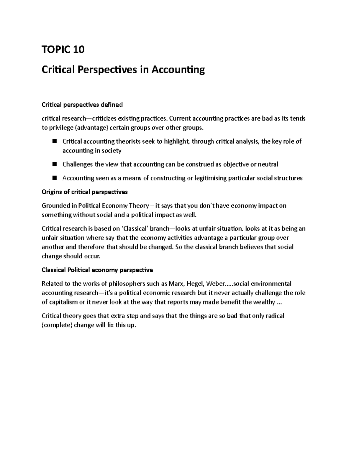 Docx - TOPIC 10 Critical Perspectives in Accounting Critical ...