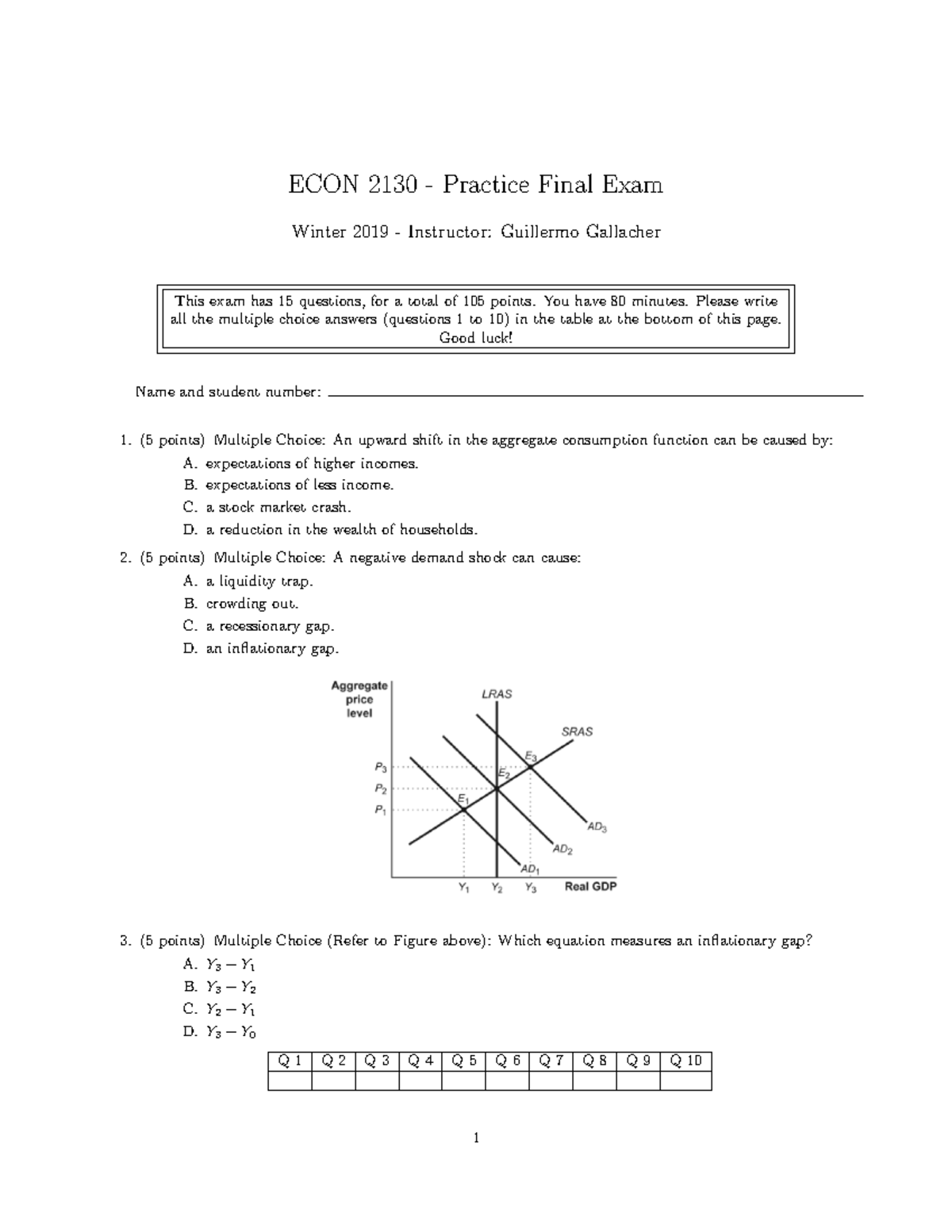 Practice Final Exam ECON 2130 Winter 2019 - ECON 2130 - Practice Final ...
