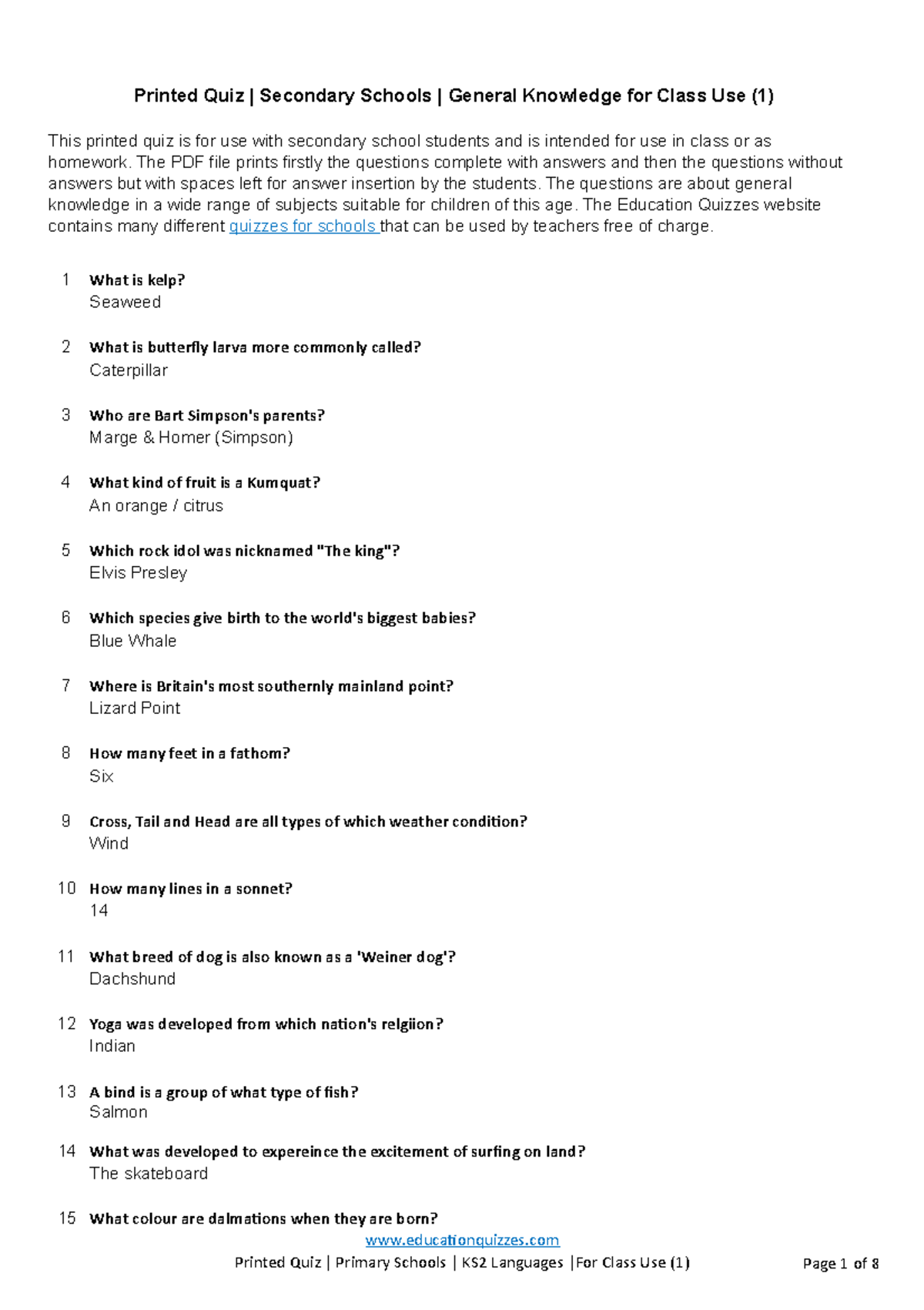 Printed Quiz Secondary Schools General Knowledge For Class Use ...